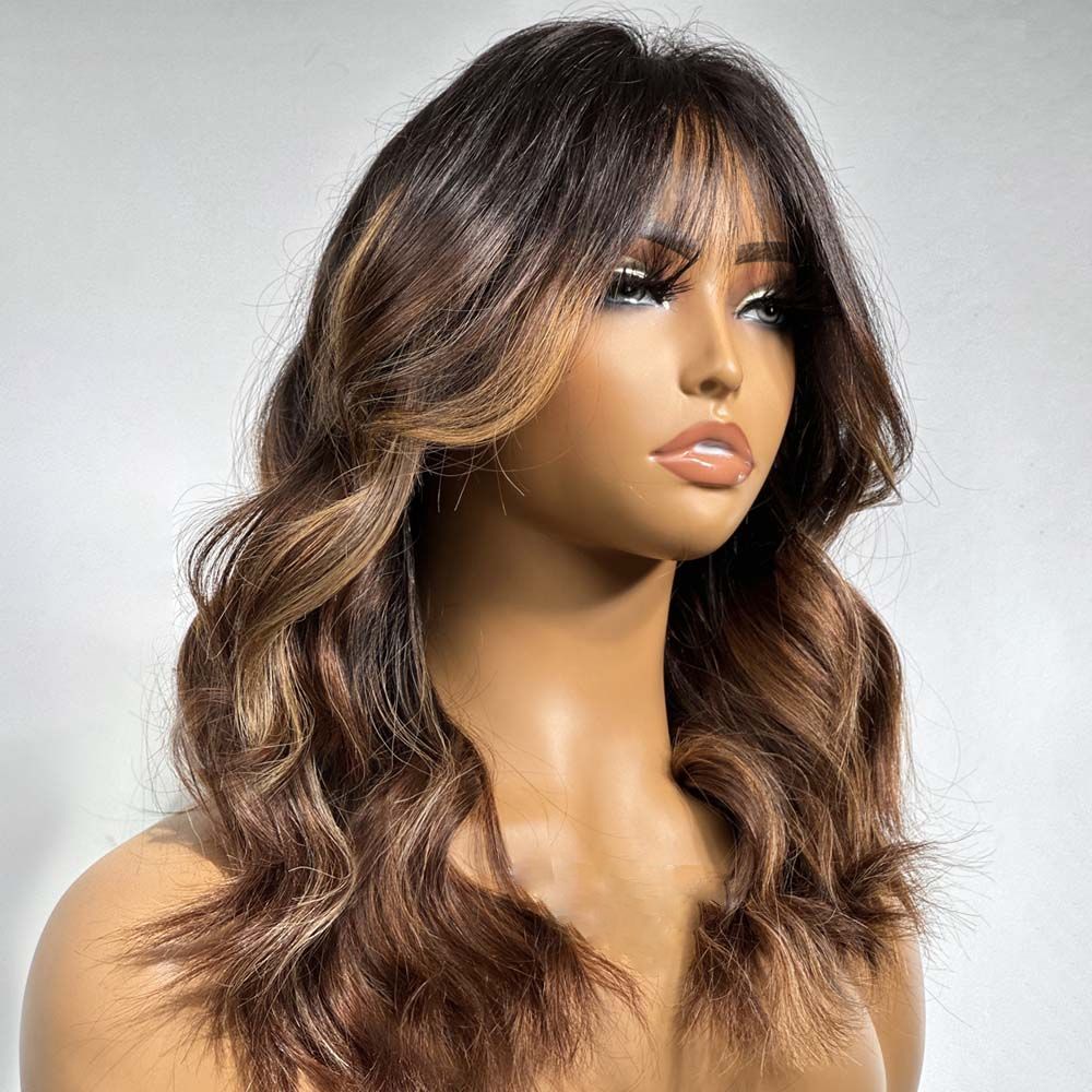 Ombre Chestnut Brown Layered Curtain Bangs 5x5 Lace Closure Body Wave – Instyle wig